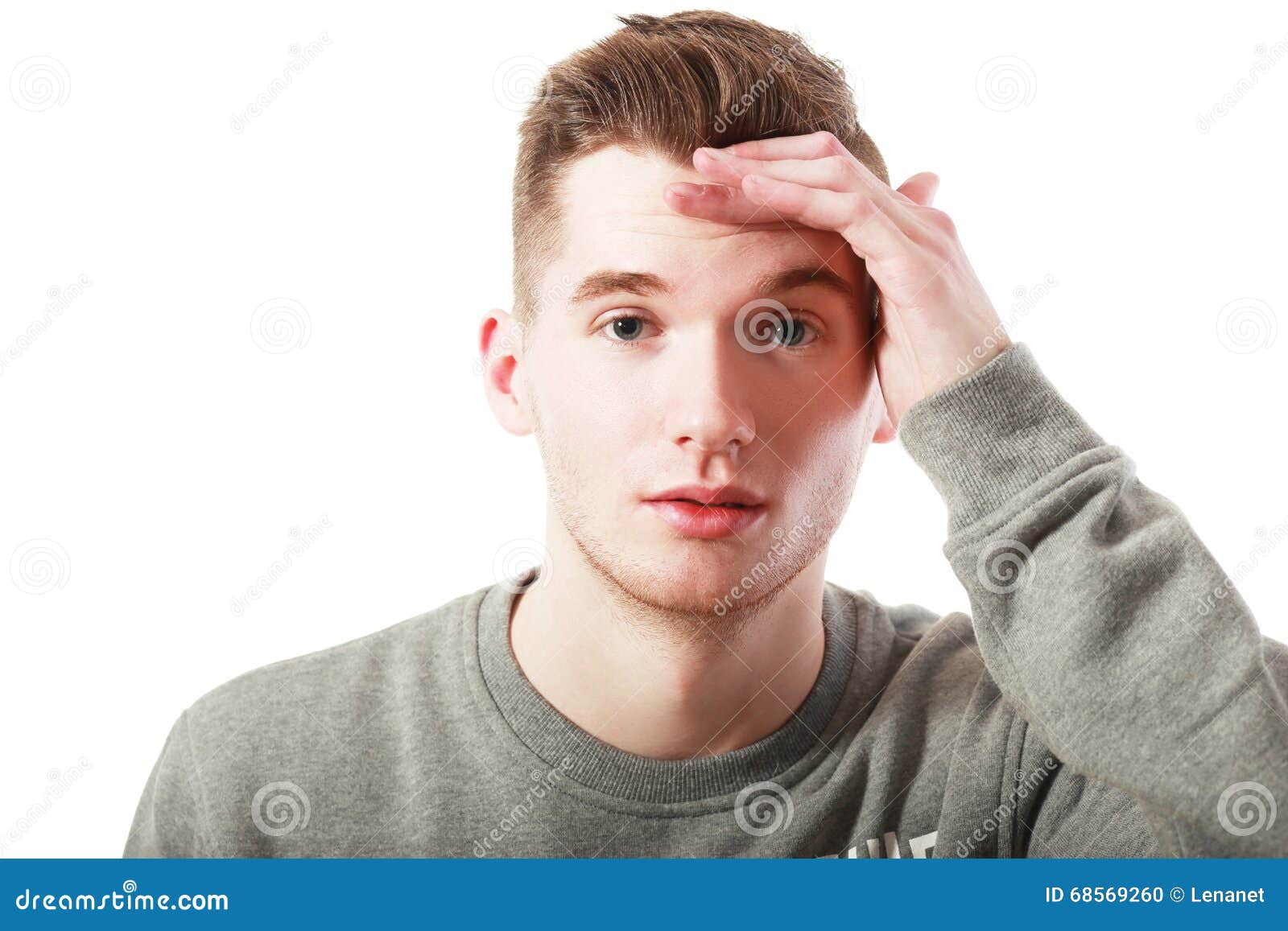 Man touching his forehead stock photo. Image of headache - 68569260