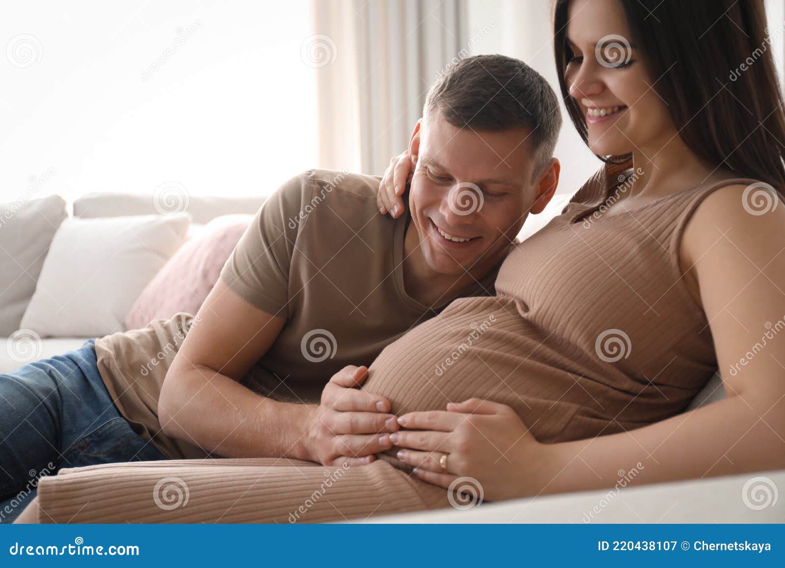 Man Touching His Pregnant Wife`s Belly Stock Image Image Of Clothes