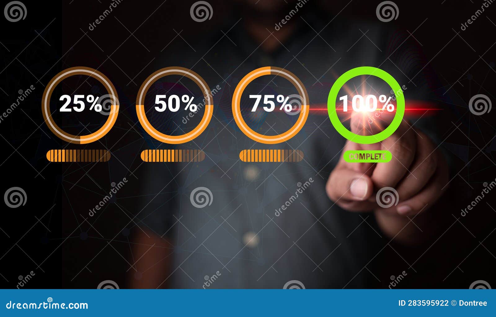 Man Touching an Icon of 100 Percent on a Virtual Screen. Timeline To ...