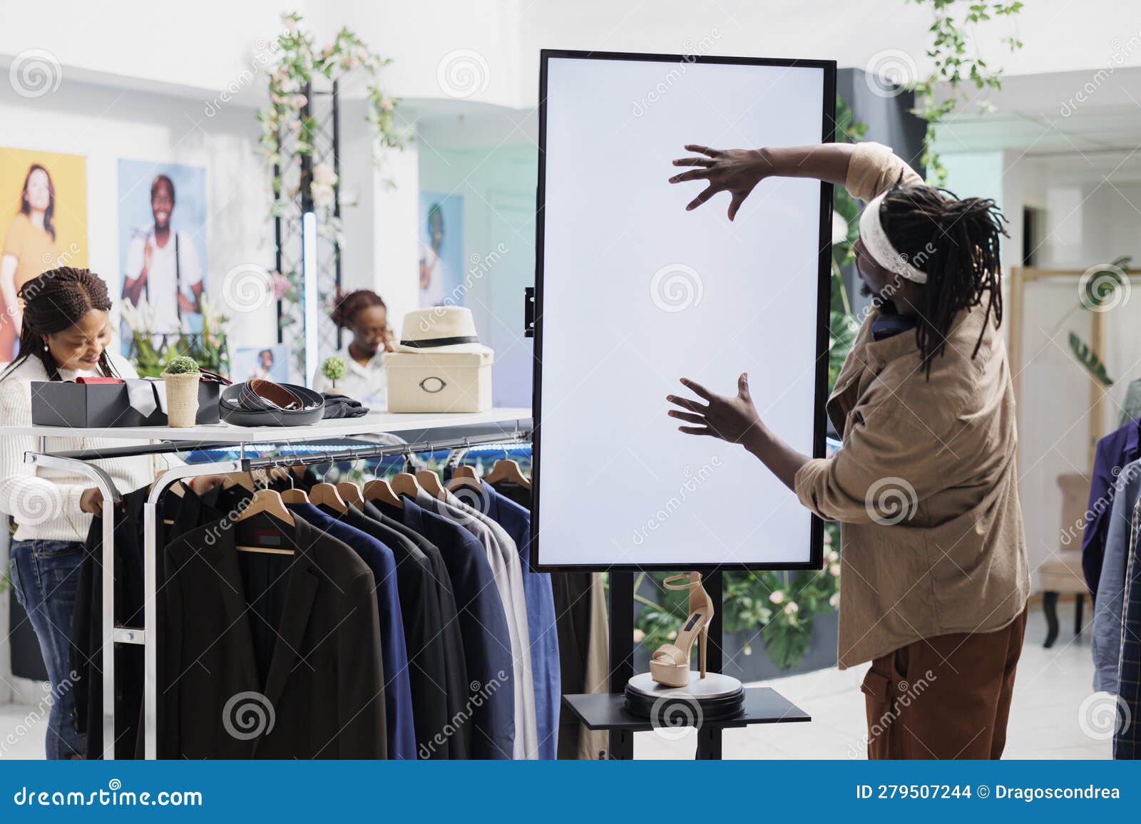 Man Touching Interactive Whiteboard To View Shoe Advertisement Stock ...