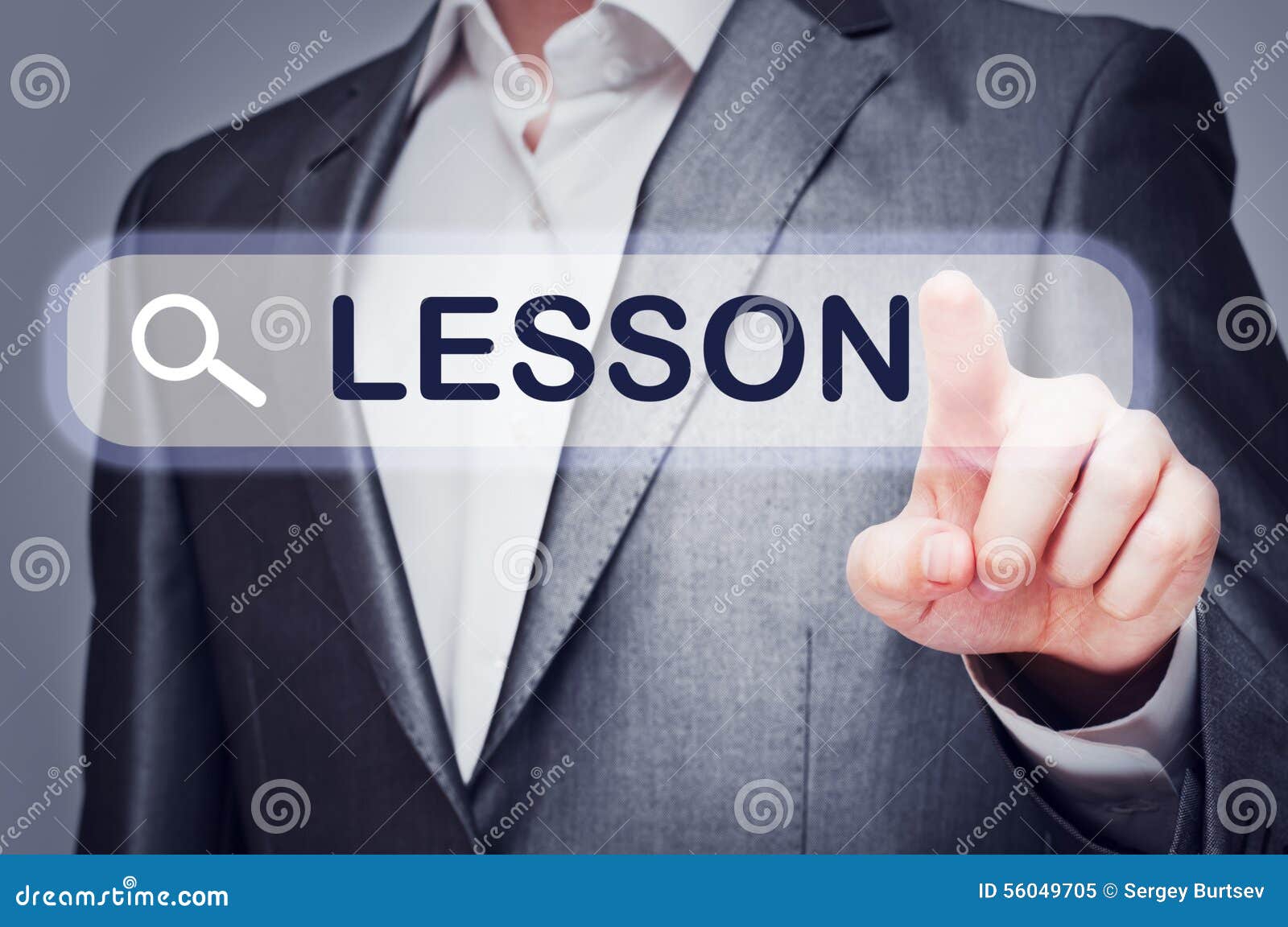 Man Touching Lesson Button on Virtual Screen Stock Image - Image of ...