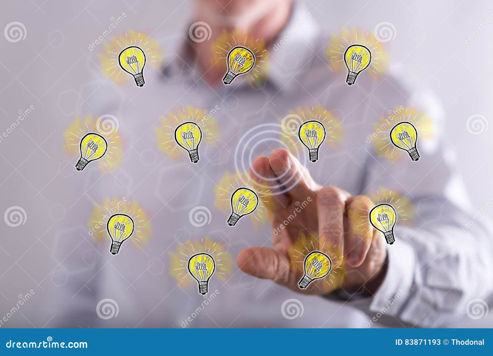 Man Touching Light Bulbs on a Touch Screen Stock Image - Image of ...