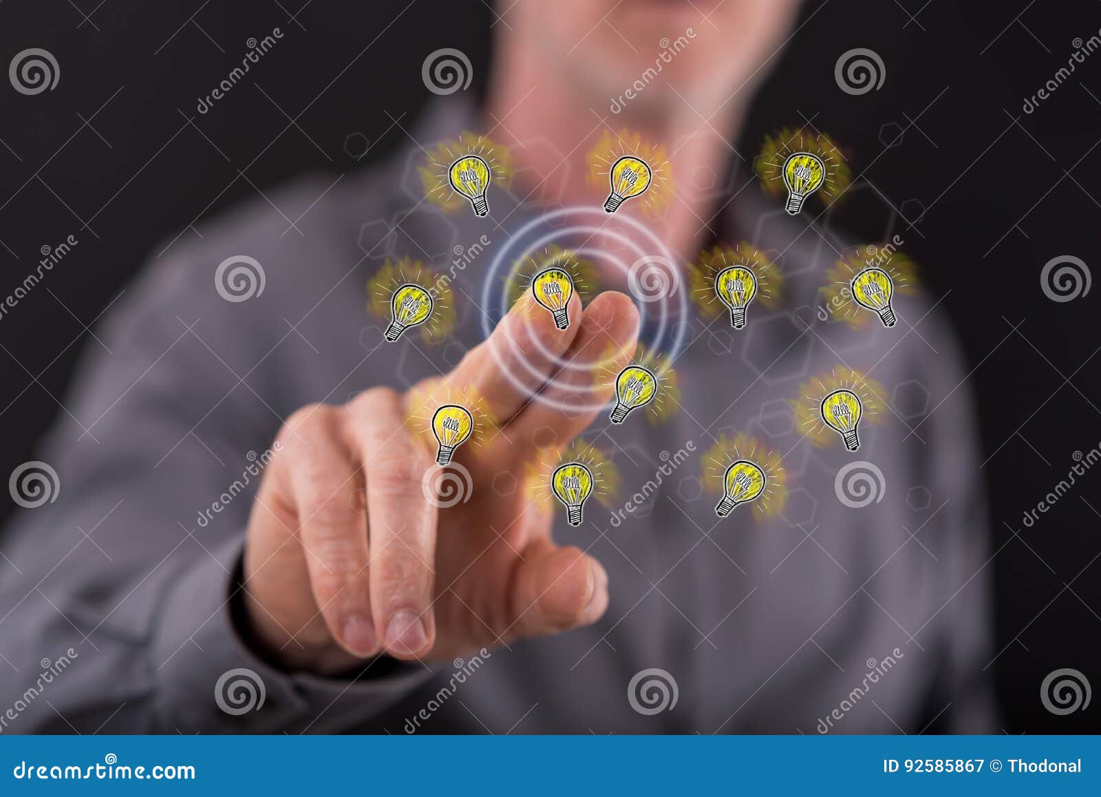 Man Touching Light Bulbs on a Touch Screen Stock Image - Image of ...