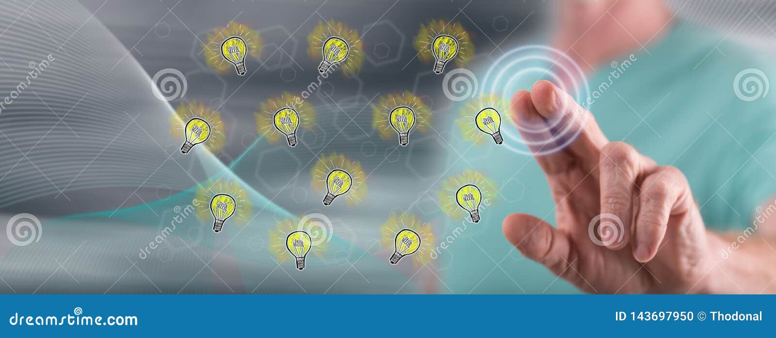 Man touching light bulbs stock illustration. Illustration of light ...