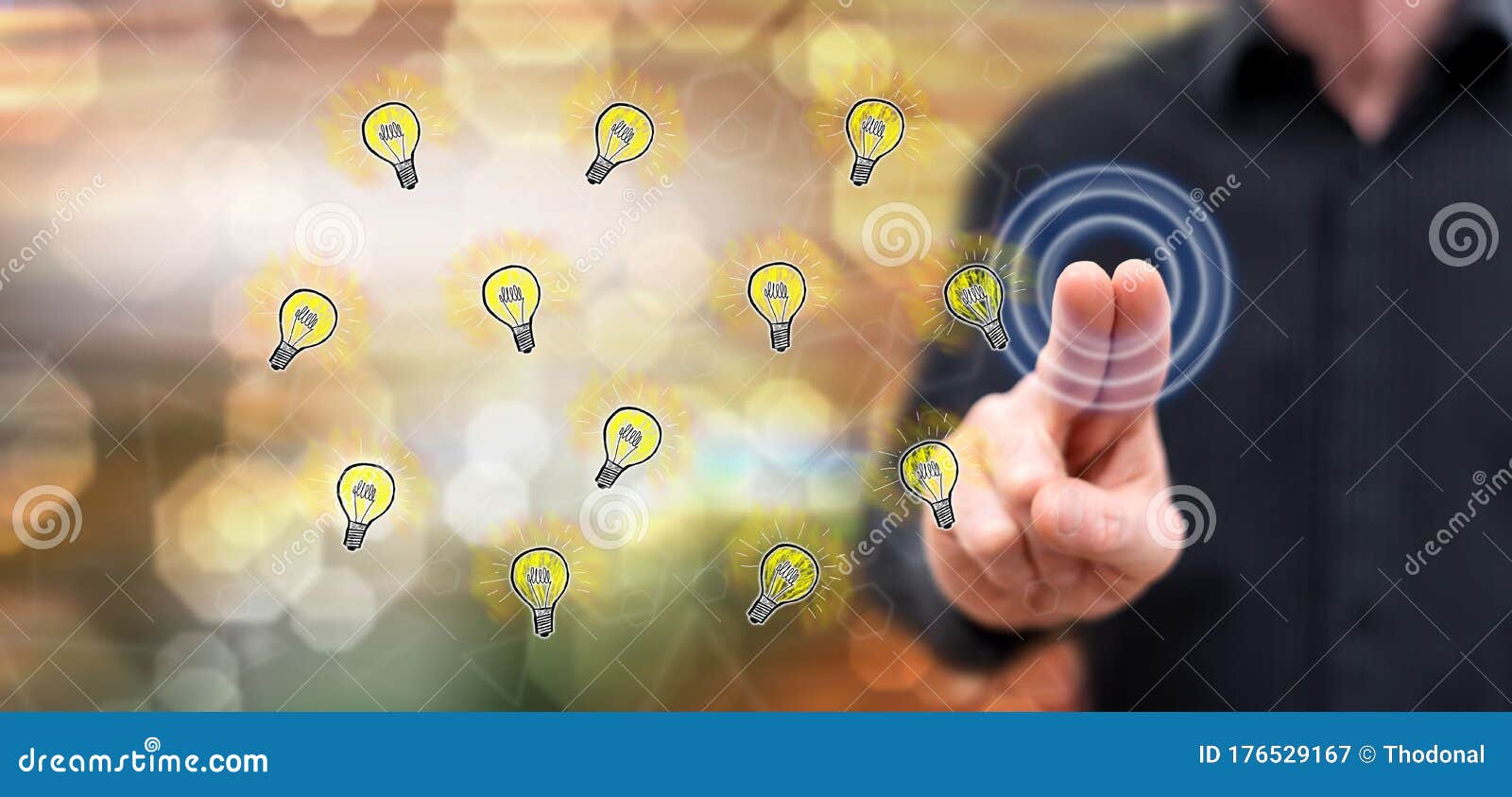 Man touching light bulbs stock image. Image of screen - 176529167