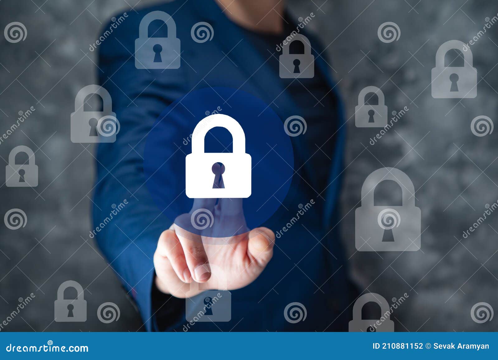 Man Touching Lock in the Screen Stock Photo - Image of business ...