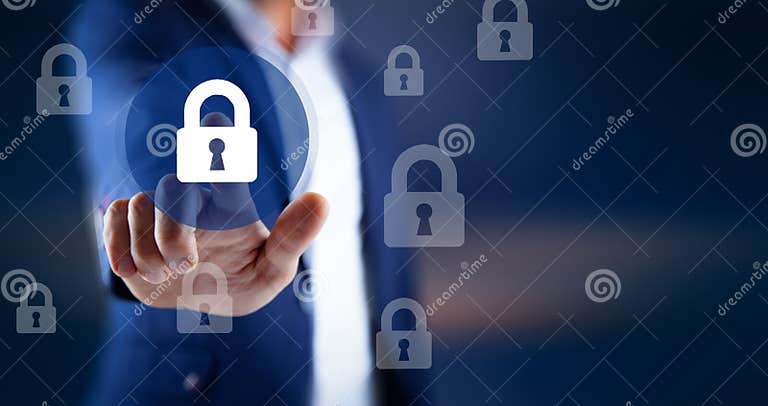 Man Touching Lock in the Screen Stock Photo - Image of safety, network ...