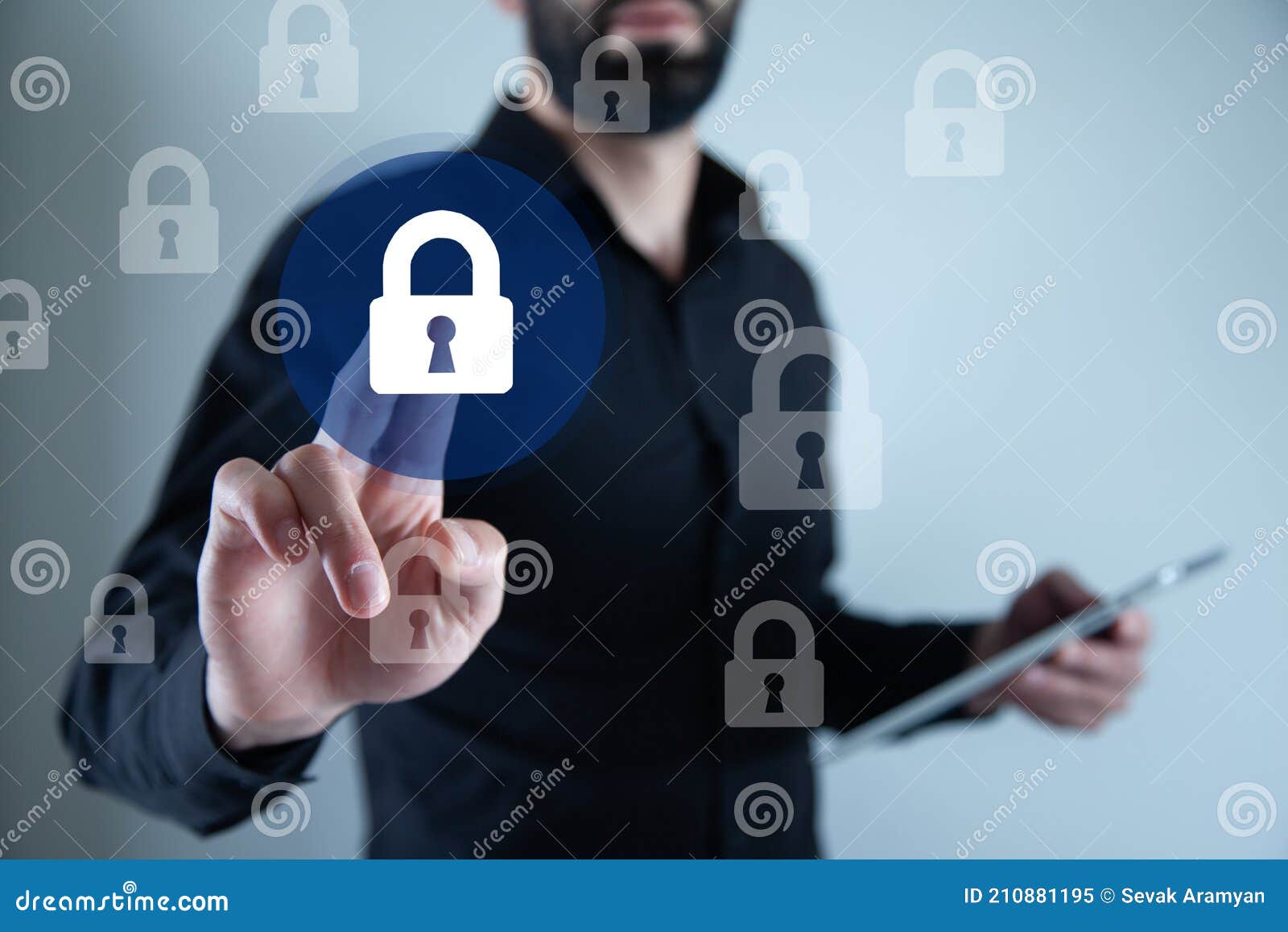 Man Touching Lock in the Screen Stock Image - Image of icon, touch ...