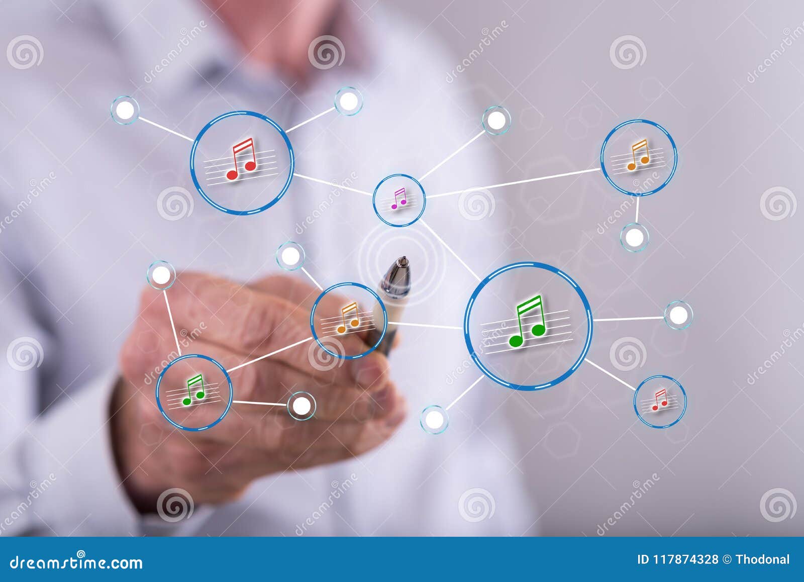 Man Touching a Music Sharing Network Stock Photo - Image of concept ...