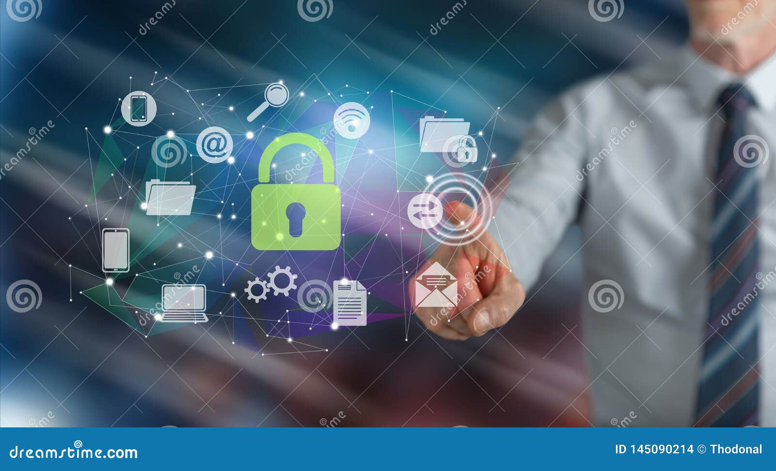 Man Touching a Network Safety Concept Stock Photo - Image of person ...
