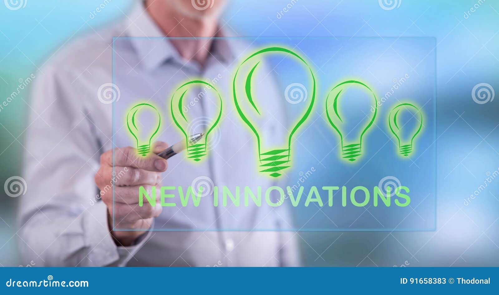 Man Touching a New Innovations Concept on a Touch Screen Stock Image ...