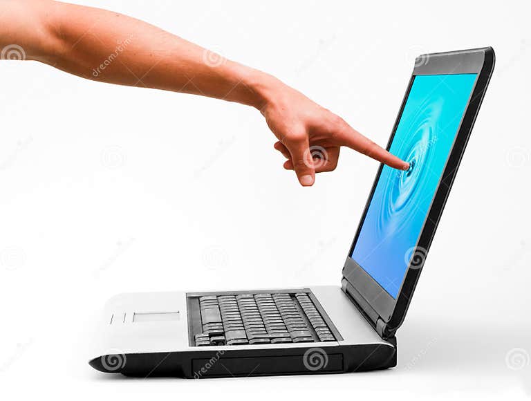 A Man Touching a Notebook Computer Screen Stock Photo - Image of human ...