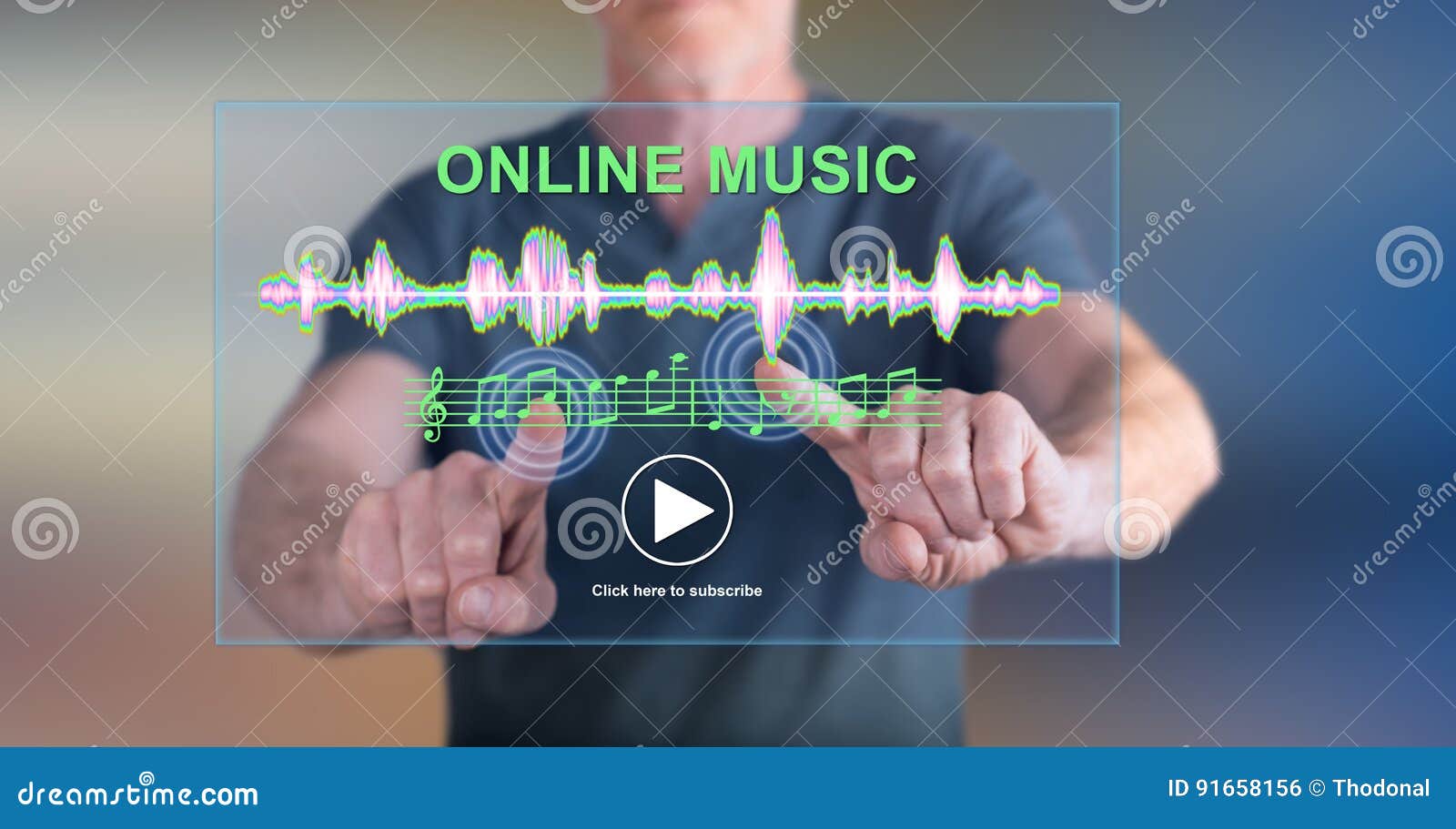 Man Touching an Online Music Concept on a Touch Screen Stock Photo ...