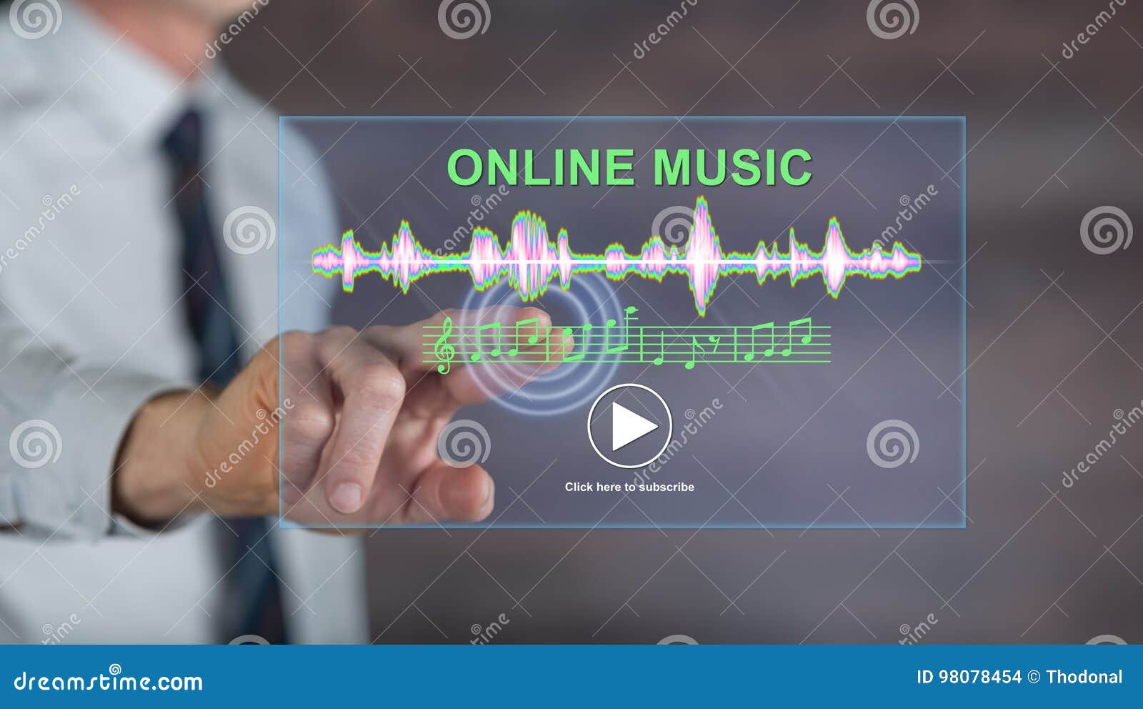 Man Touching an Online Music Concept on a Touch Screen Stock Photo ...