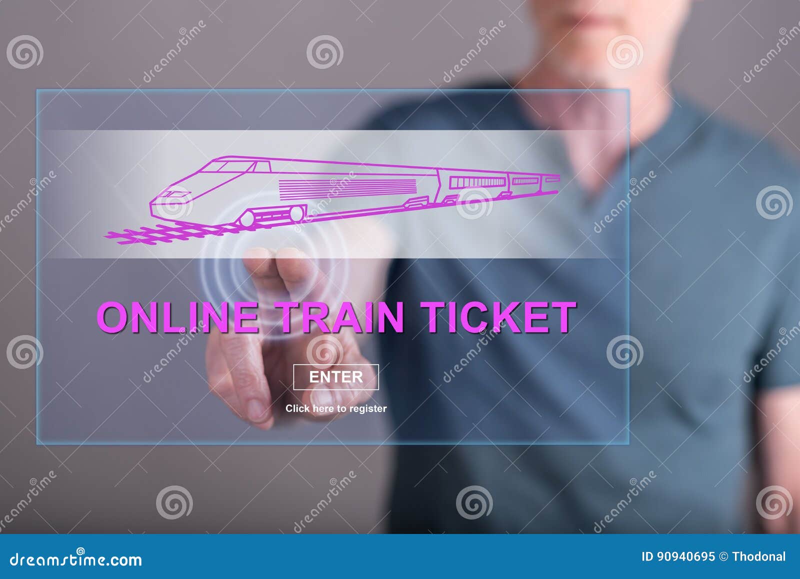 Man Touching an Online Train Ticket Concept on a Touch Screen Stock ...