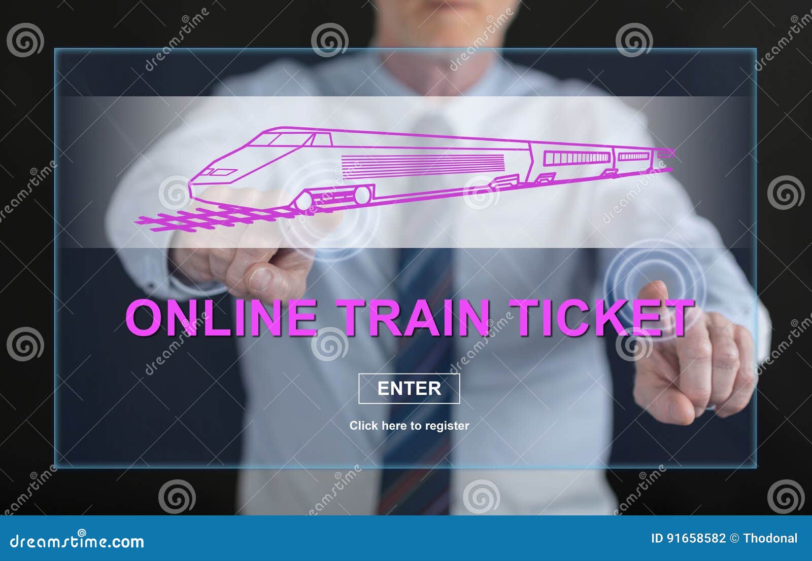 Man Touching an Online Train Ticket Concept on a Touch Screen Stock ...