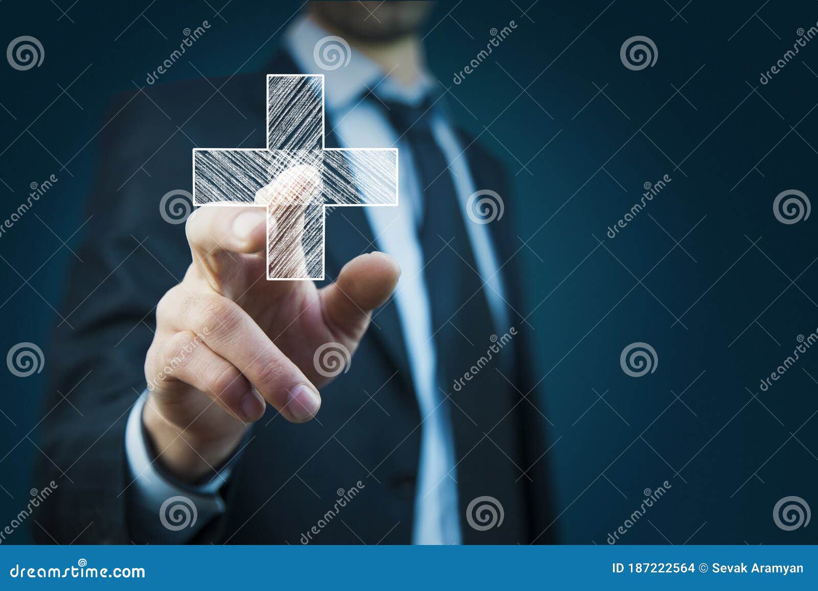 Man Touching Plus or Cross Sign in Screen Stock Photo - Image of ...
