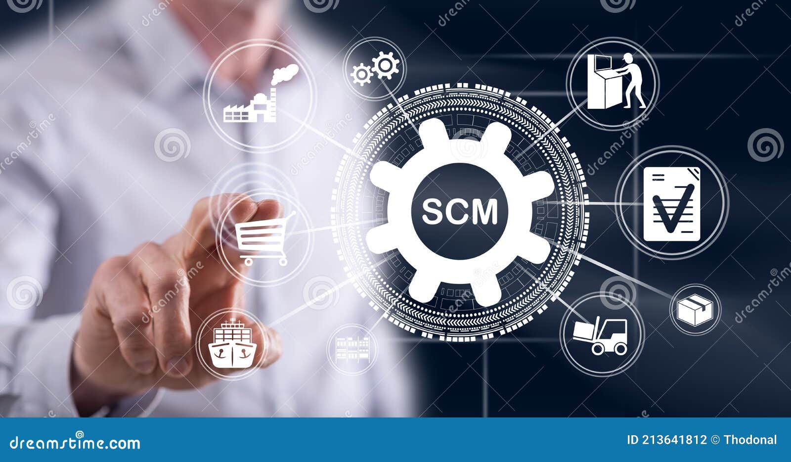 Man touching a scm concept stock photo. Image of production - 213641812