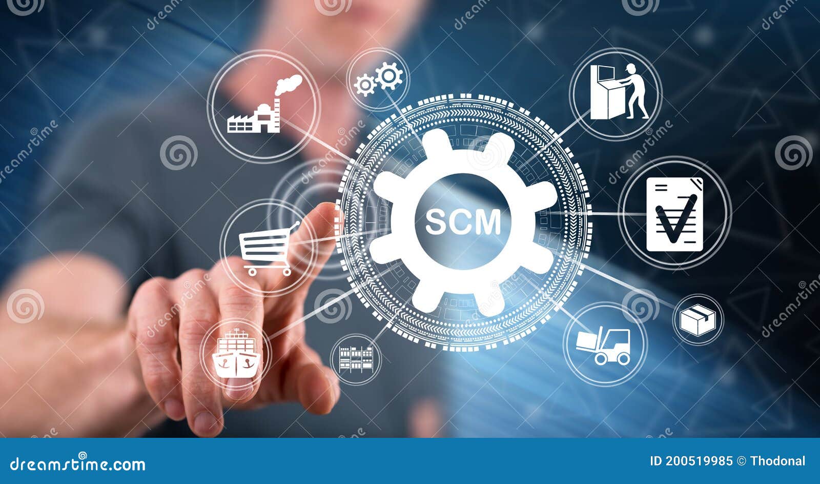 Man touching a scm concept stock image. Image of communication - 200519985