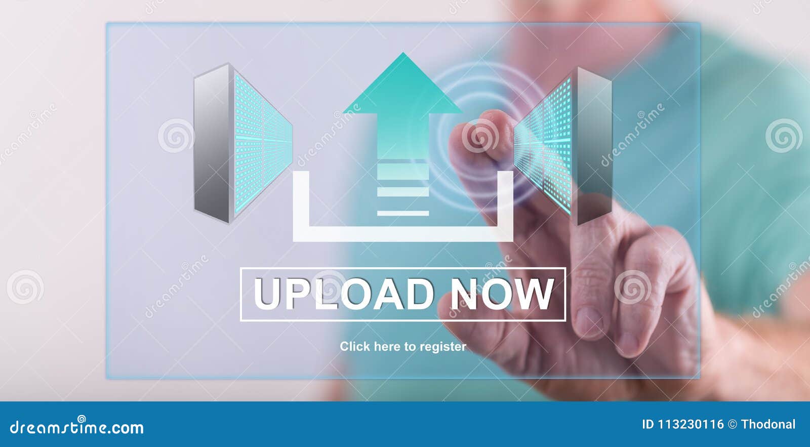 Man Touching an Upload Concept on a Touch Screen Stock Photo - Image of ...