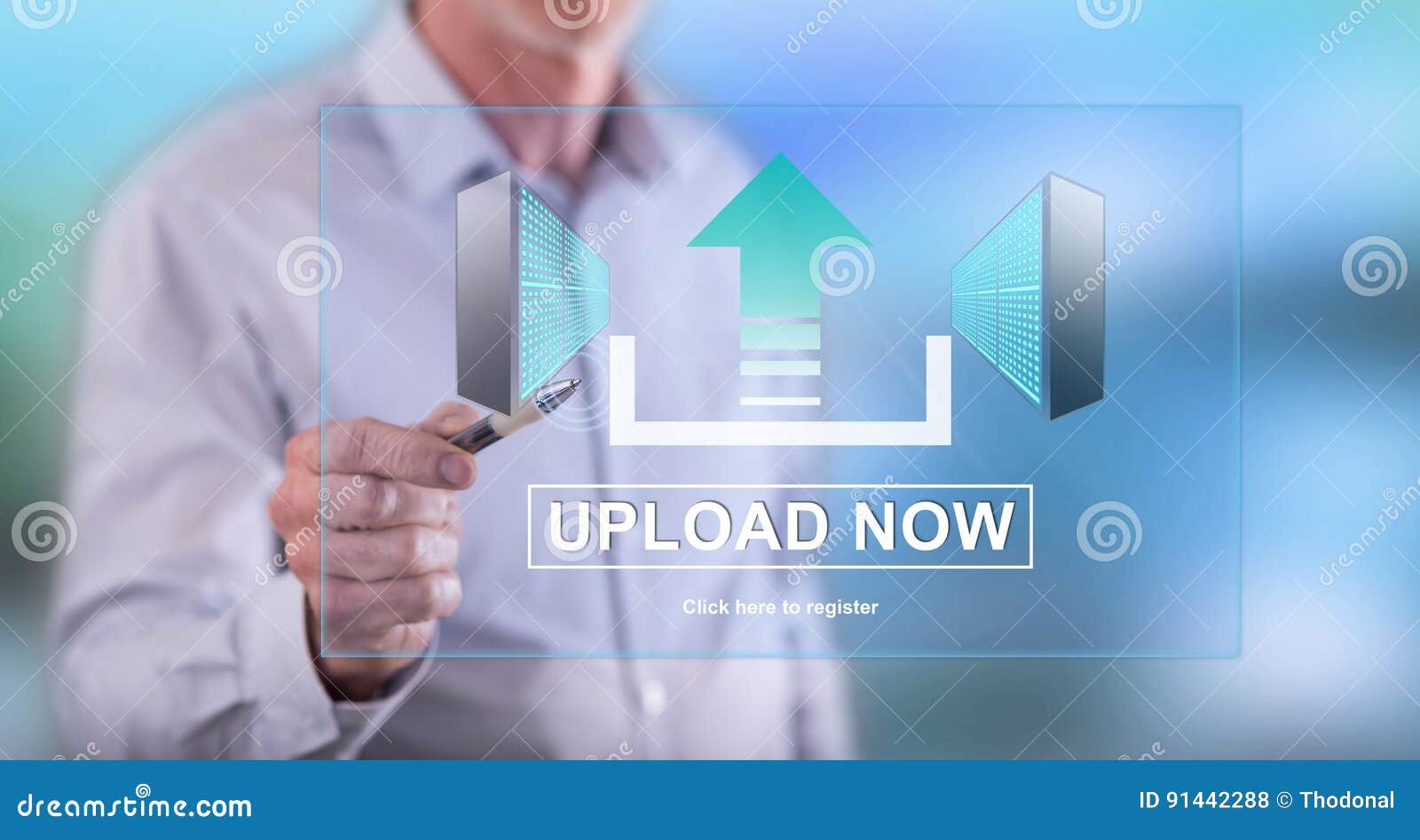 Man Touching an Upload Concept on a Touch Screen Stock Photo - Image of ...