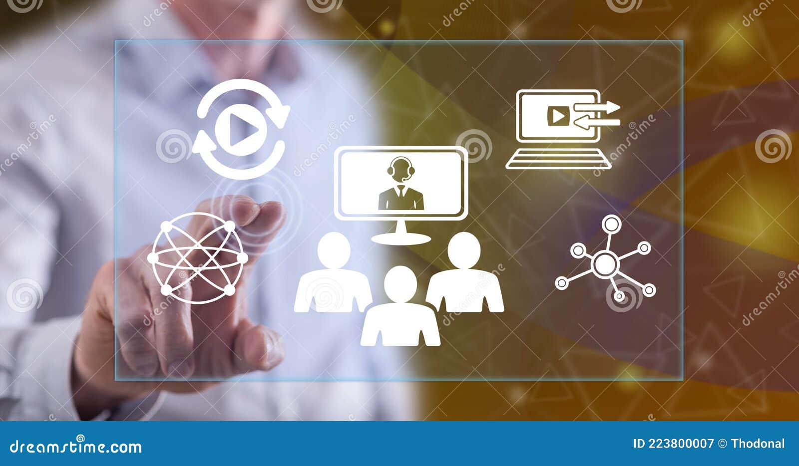 Man Touching a Video Conference Concept Stock Image - Image of call ...