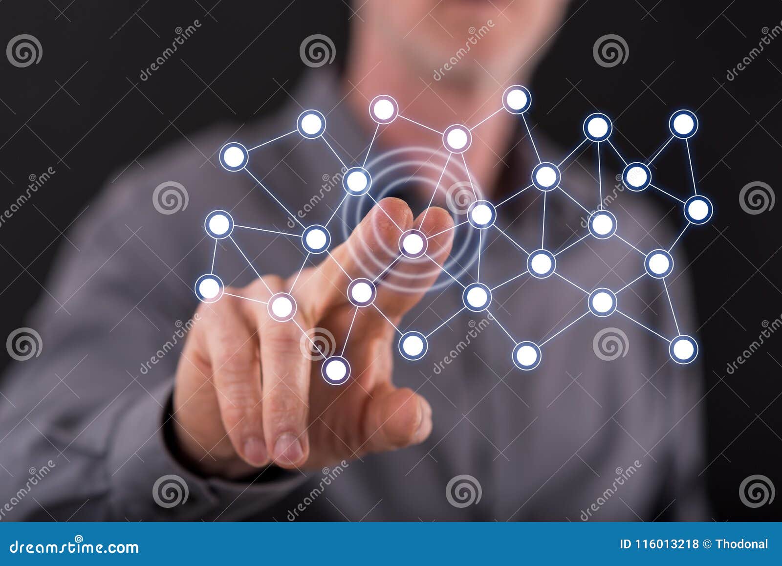 Man Touching a Virtual Network on a Touch Screen Stock Photo - Image of ...