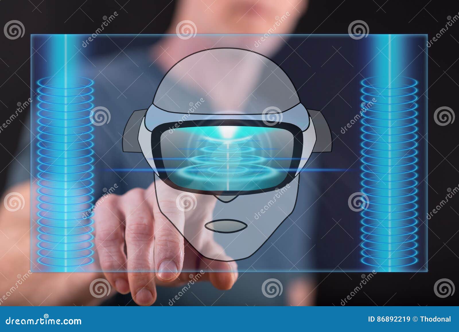 Man Touching a Virtual Reality Concept on a Touch Screen Stock ...