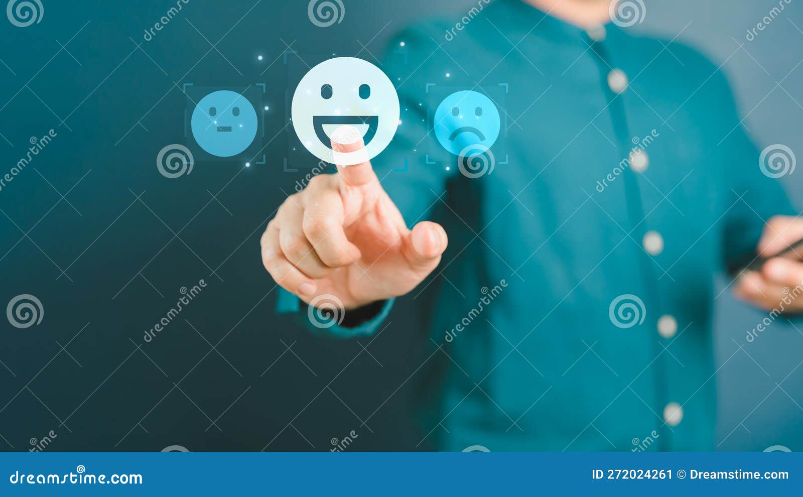 Man Touching The Virtual Screen On The Happy Smiley Face Icon To Give Satisfaction In Service