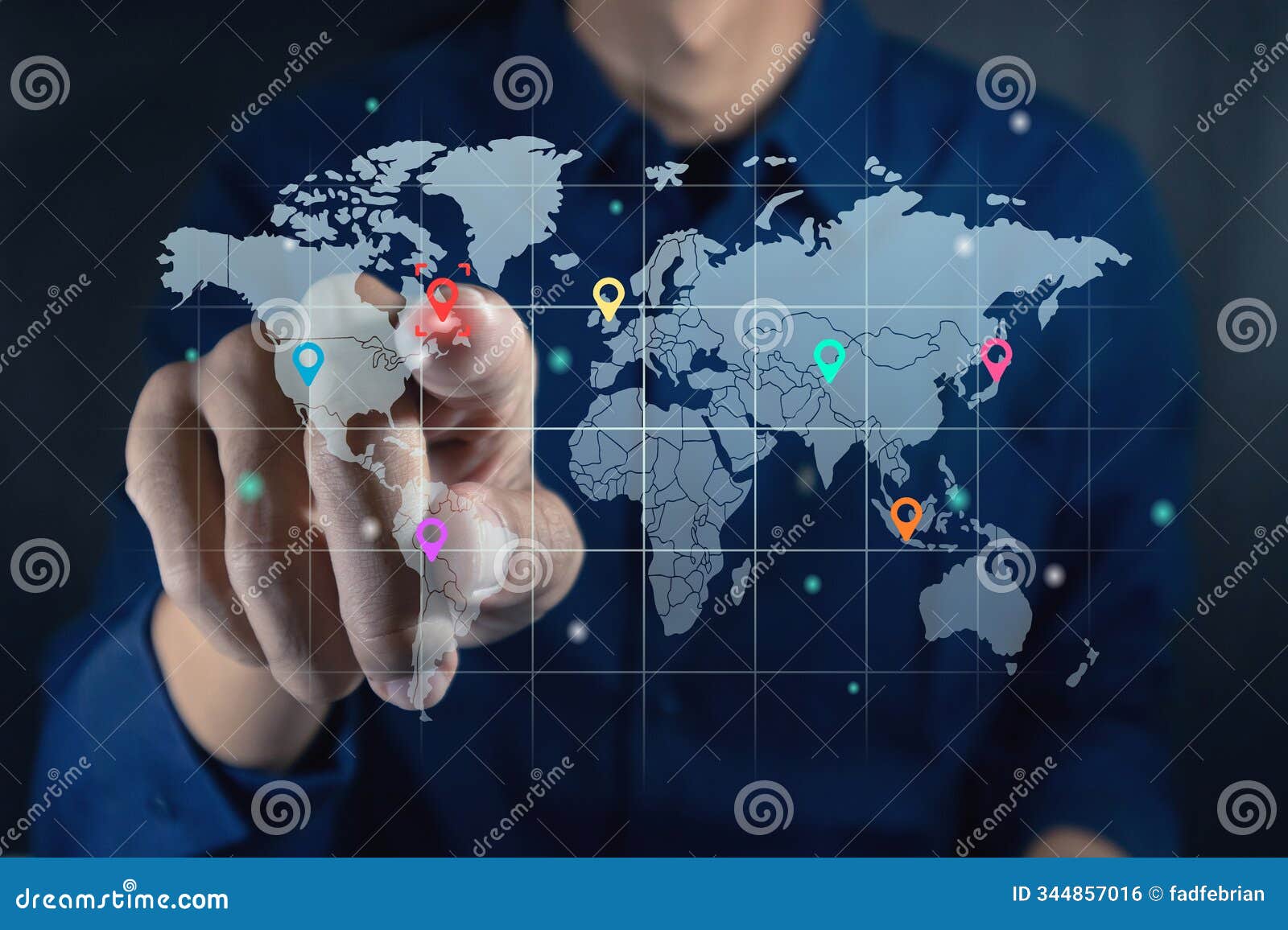 Man Touching a Virtual Screen of World Map Infographic. World Map ...