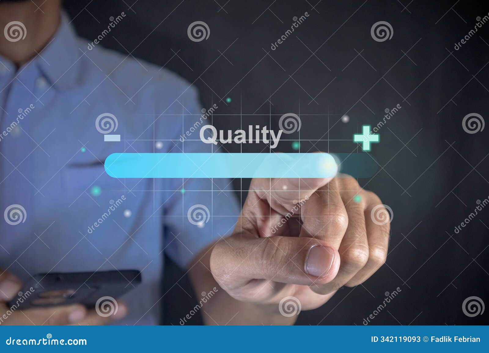 Man Touching Virtual Status Bar To Maximize the Quality. Quality ...