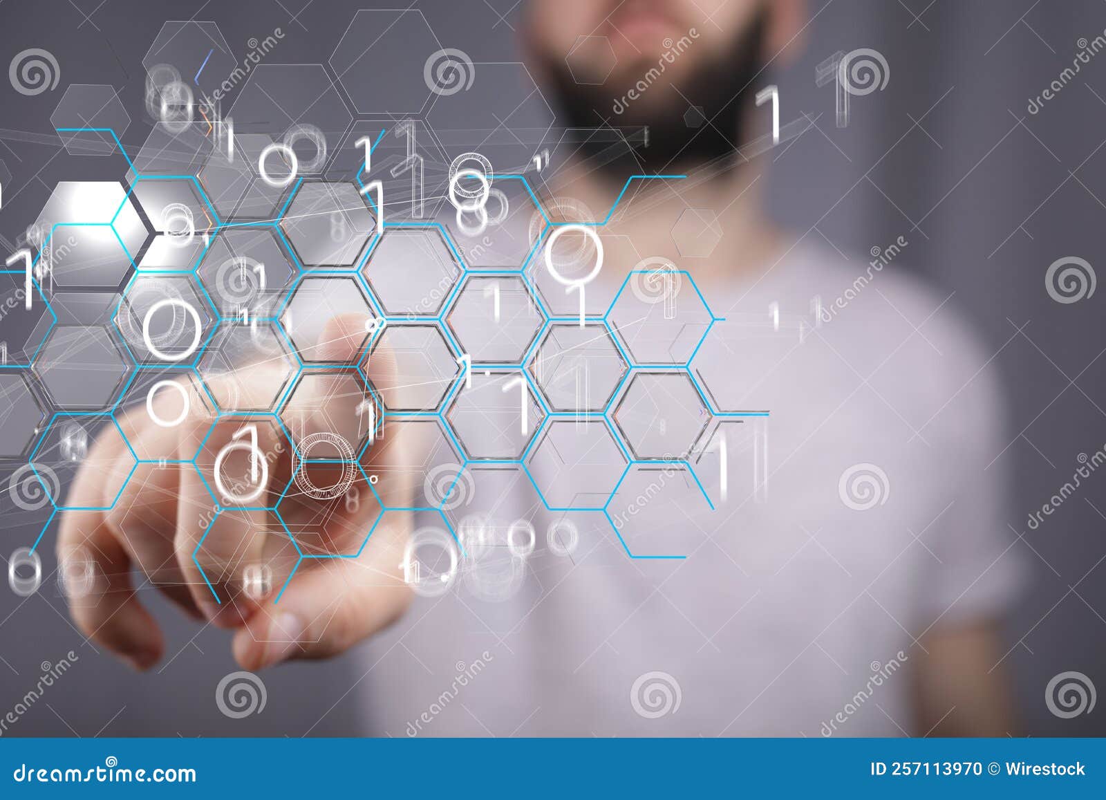 Man Touching the Virtual Tech Transparent Hexagonal Grid with His ...