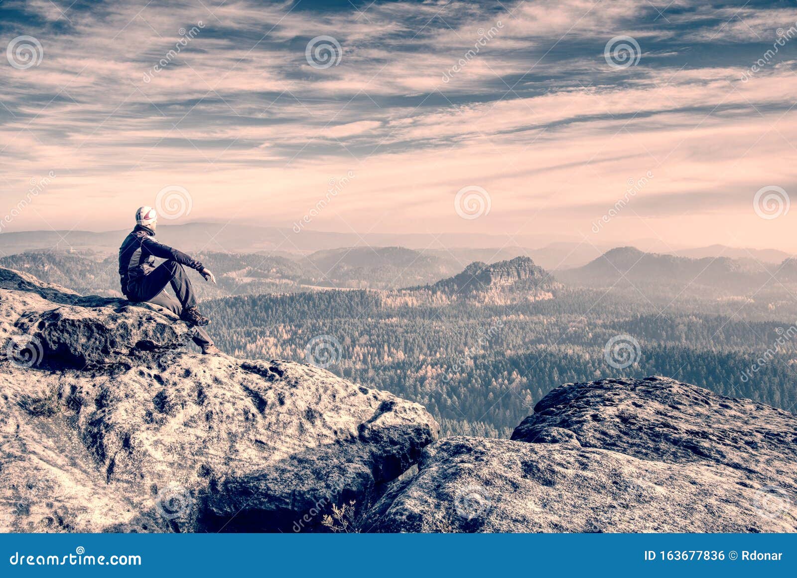 Man on the Trail Looking on High Mountain Peak Stock Photo - Image of ...