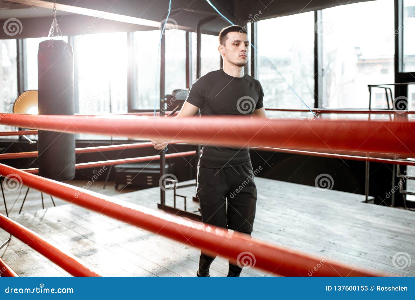 Man Training with Jumping Rope on the Boxing Ring Stock Image - Image ...