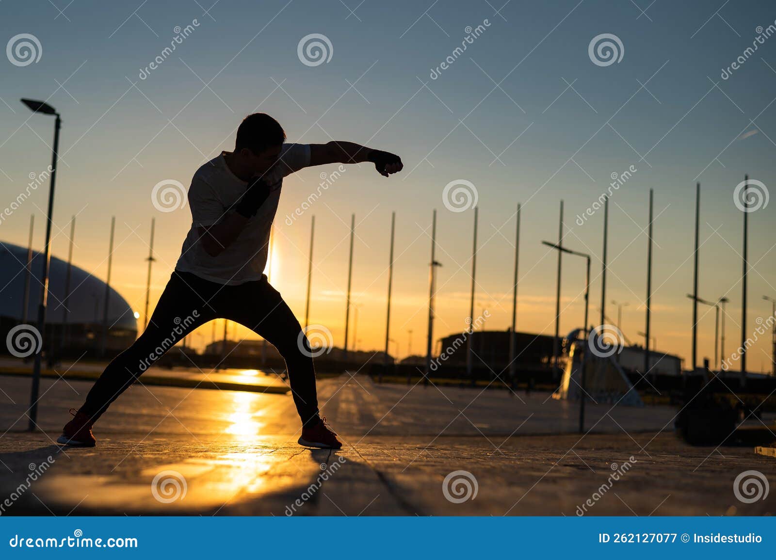 A Man Trains Boxing at Sunset Outdoors. Stock Image - Image of training ...