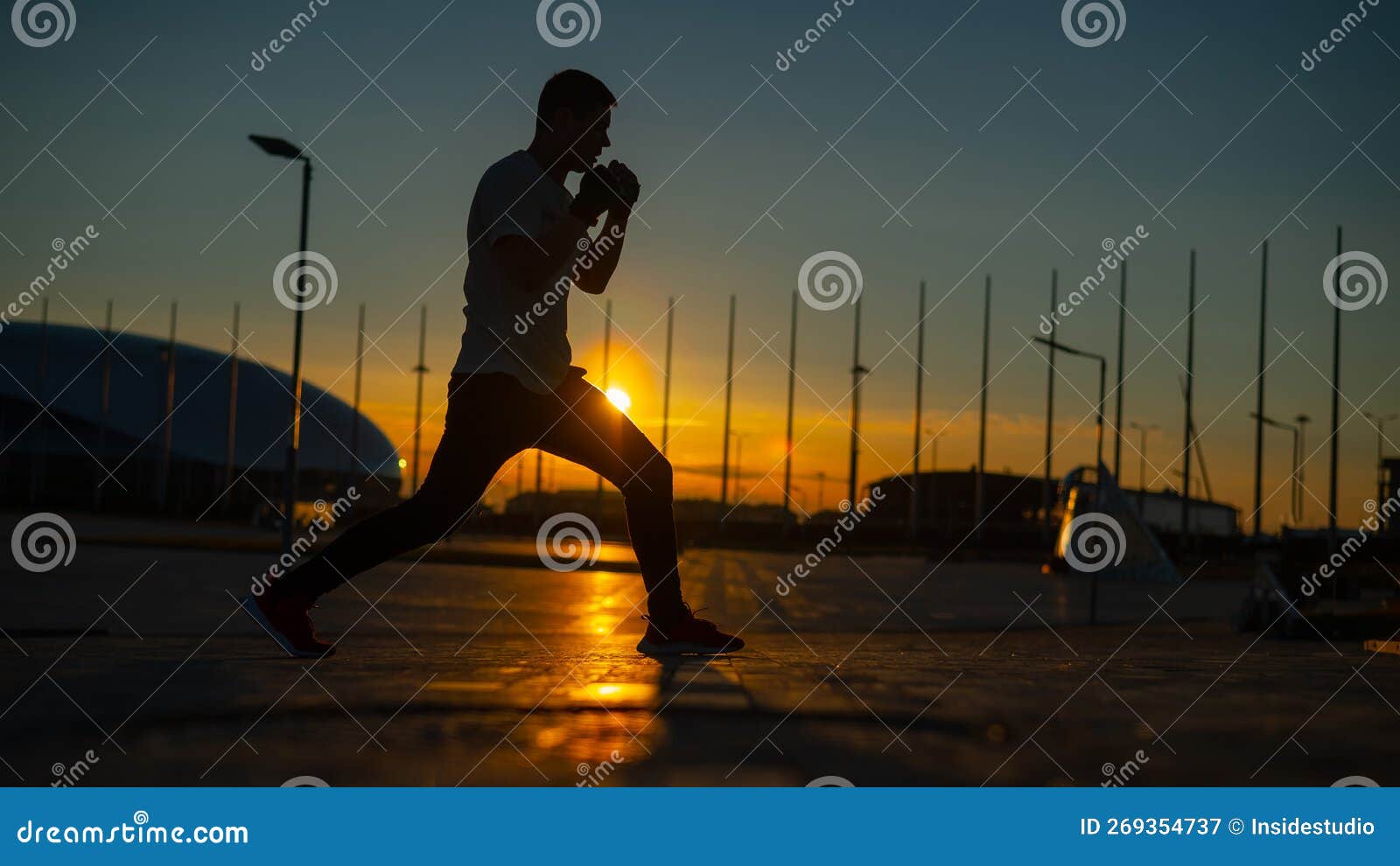 A Man Trains Boxing at Sunset Outdoors. Stock Image - Image of powerful ...