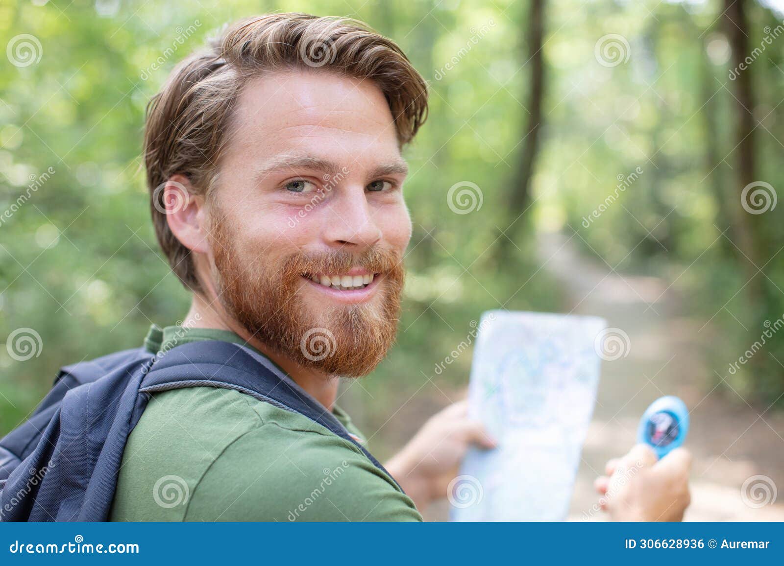 Man Traveler with Map Doing Hike in Forest Stock Photo - Image of ...