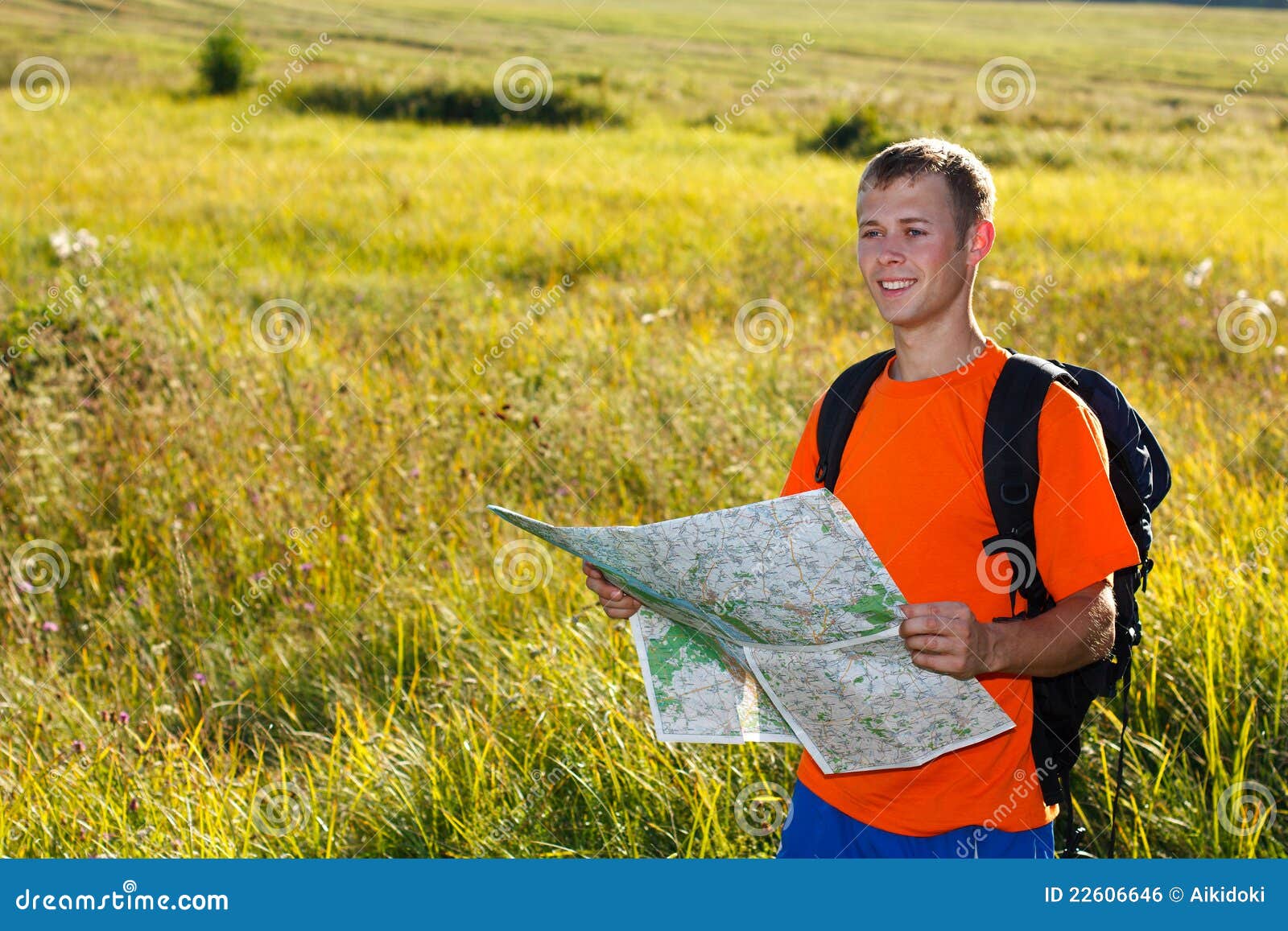 Man Traveler with Read the Map and Smiles Stock Photo - Image of rest ...