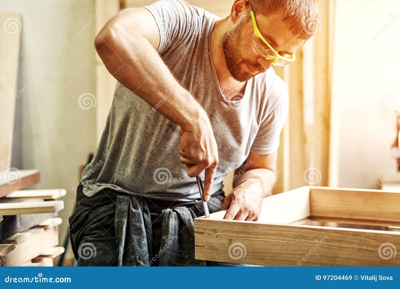Man Treating a Wooden Product with a Chisel Stock Image - Image of ...