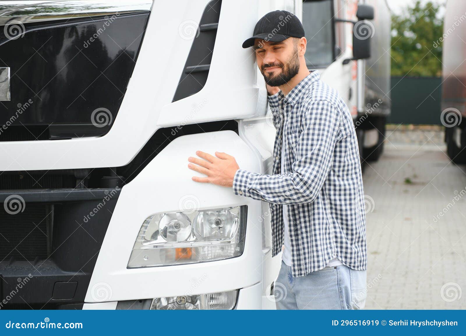 Man Trucker Hugging His Truck Stock Image - Image of warehouse ...