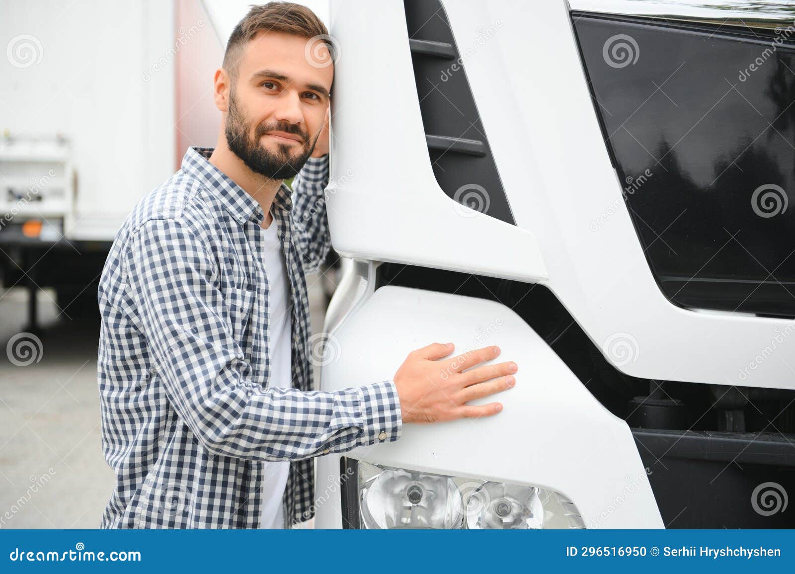 Man Trucker Hugging His Truck Stock Photo - Image of driver, fuel ...