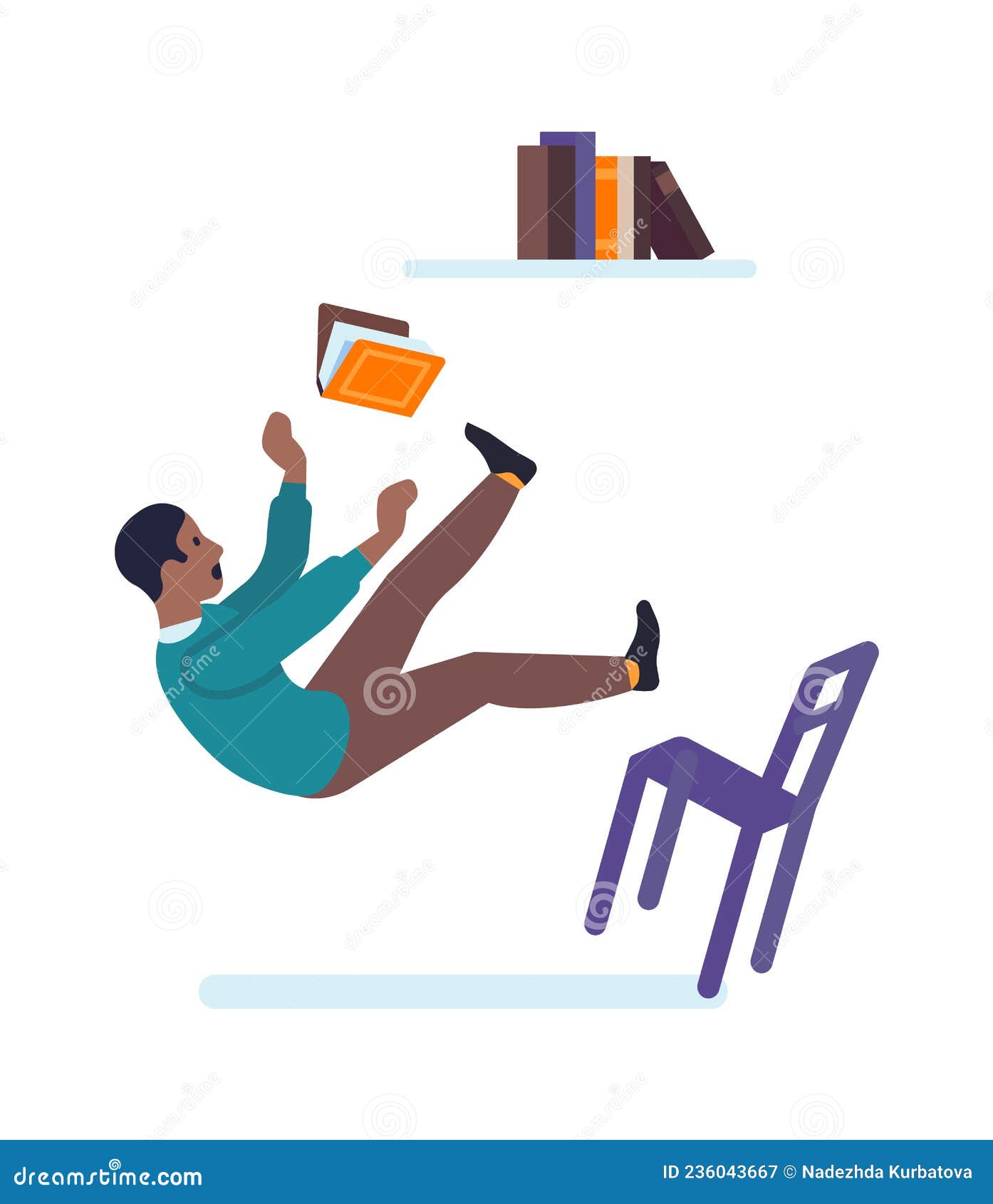 Man Trying Get Book from Top Shelf and Falling Down from Chair Stock ...