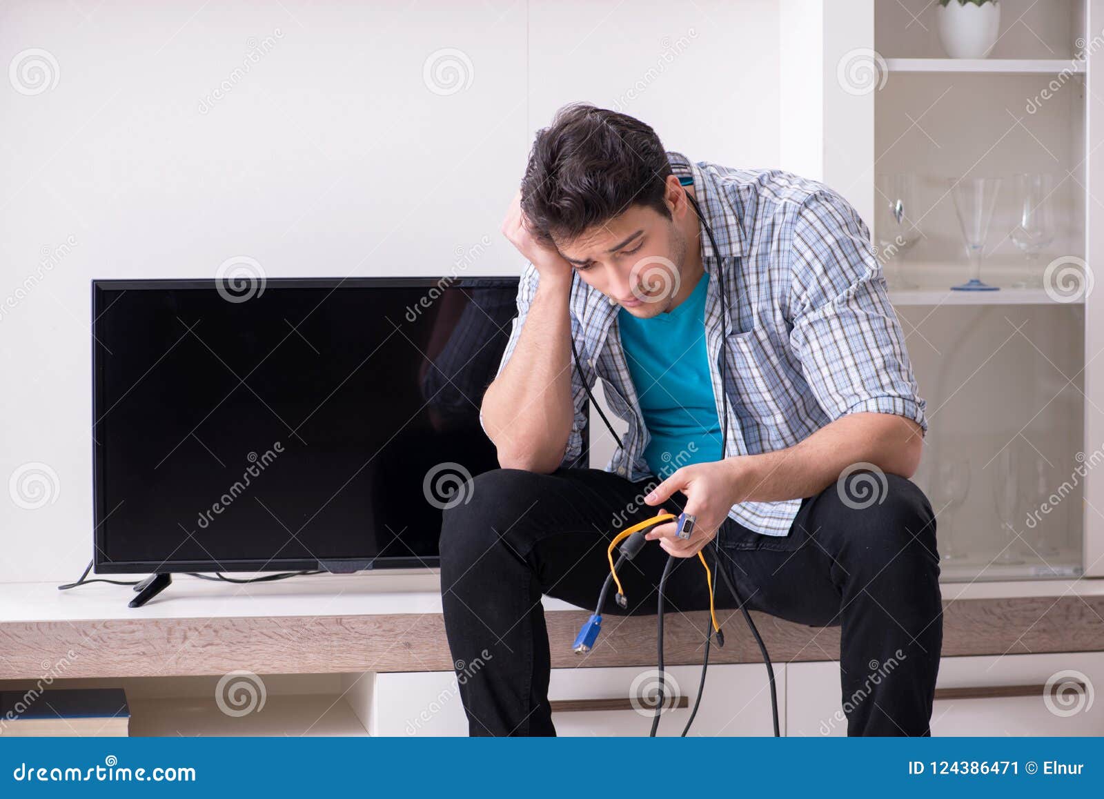 The Man Trying To Fix Broken Tv Stock Image - Image of display ...