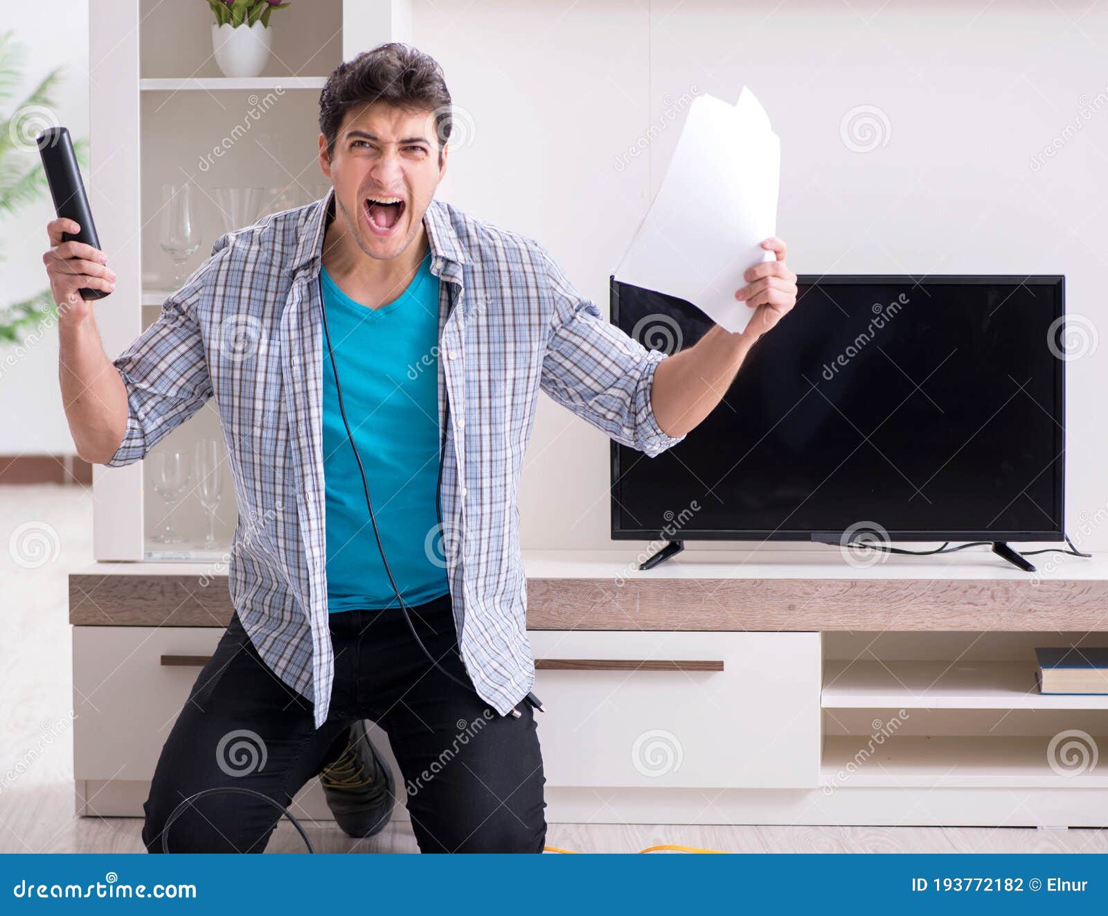 Man Trying To Fix Broken Tv Stock Photo - Image of handyman, connection ...