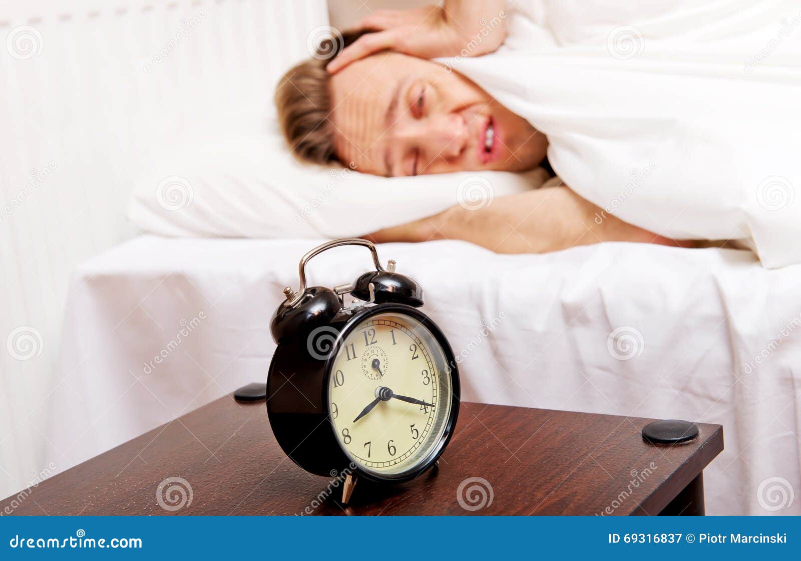 Man Trying To Sleep, when Alarm Clock Ringing Stock Image - Image of ...
