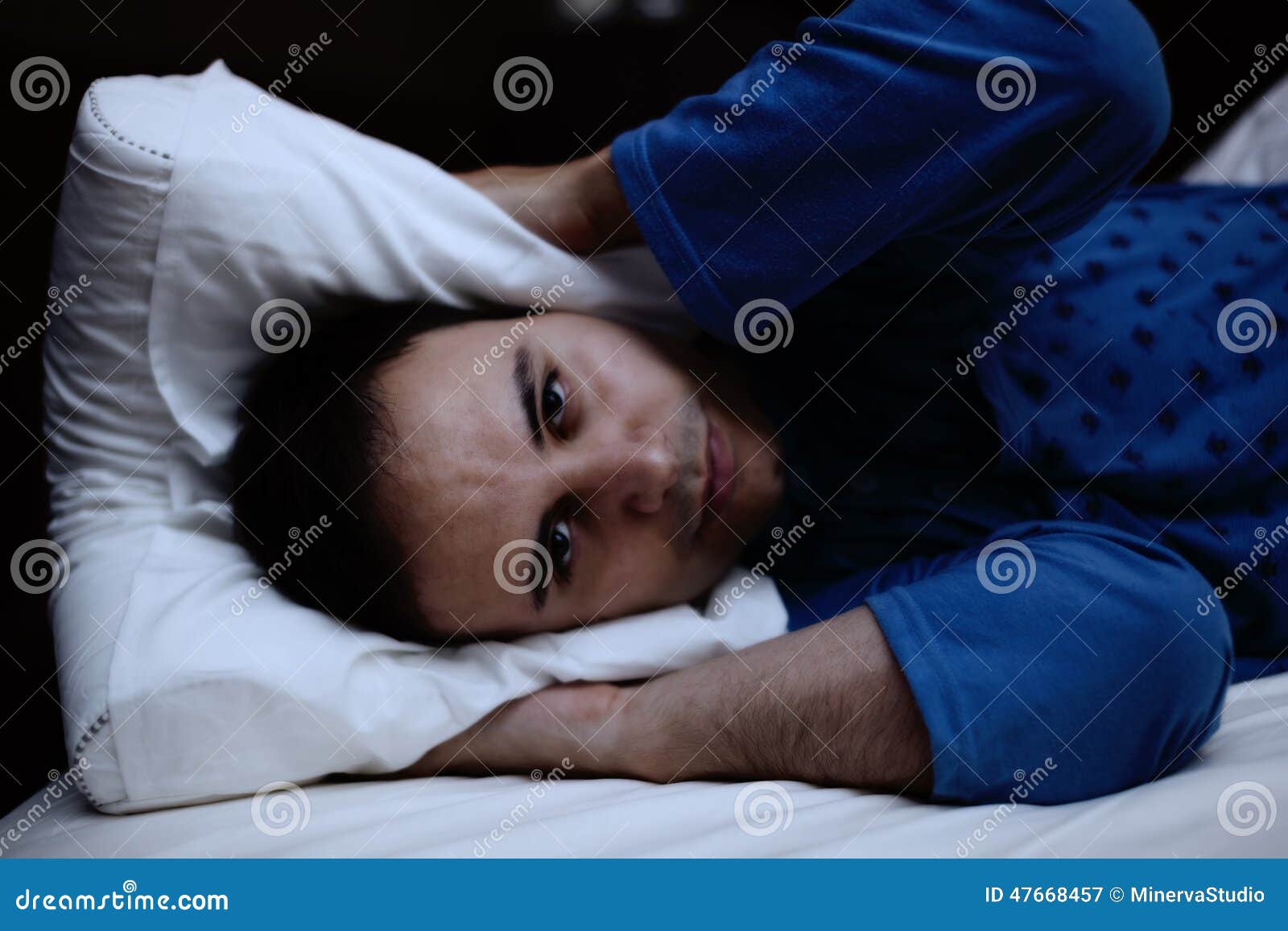 Man Trying To Sleep in His Bed Stock Image - Image of pillow, night ...