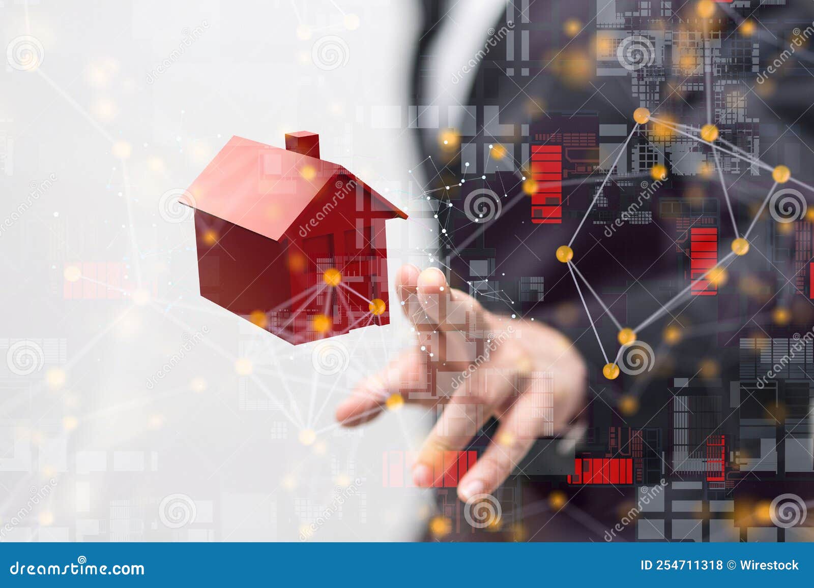 Man Trying To Touch the Home Icon Surrounded by Digital Particles Stock ...