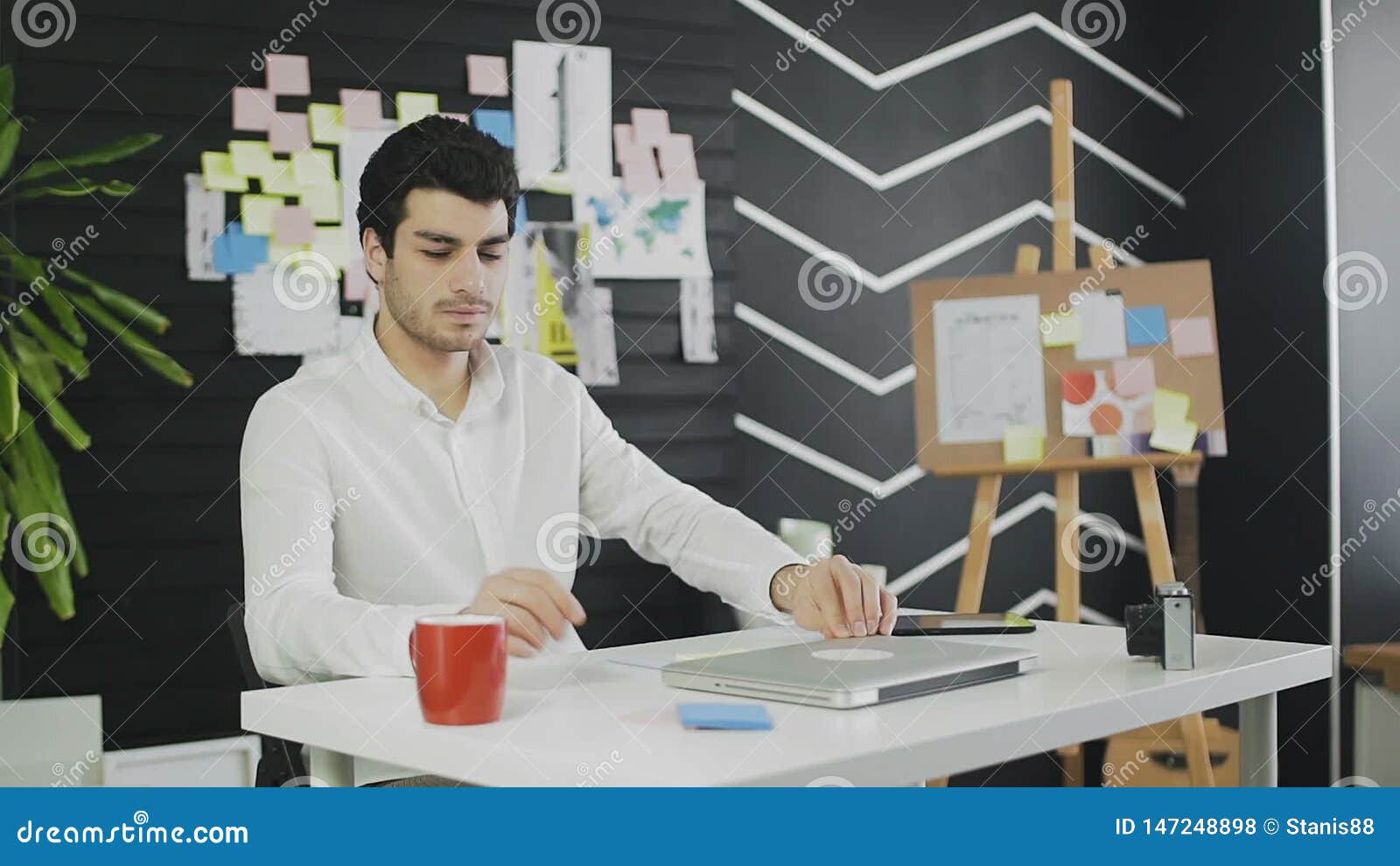 Man Turn Off His Laptop Computer and Drink Coffee Stock Footage - Video ...