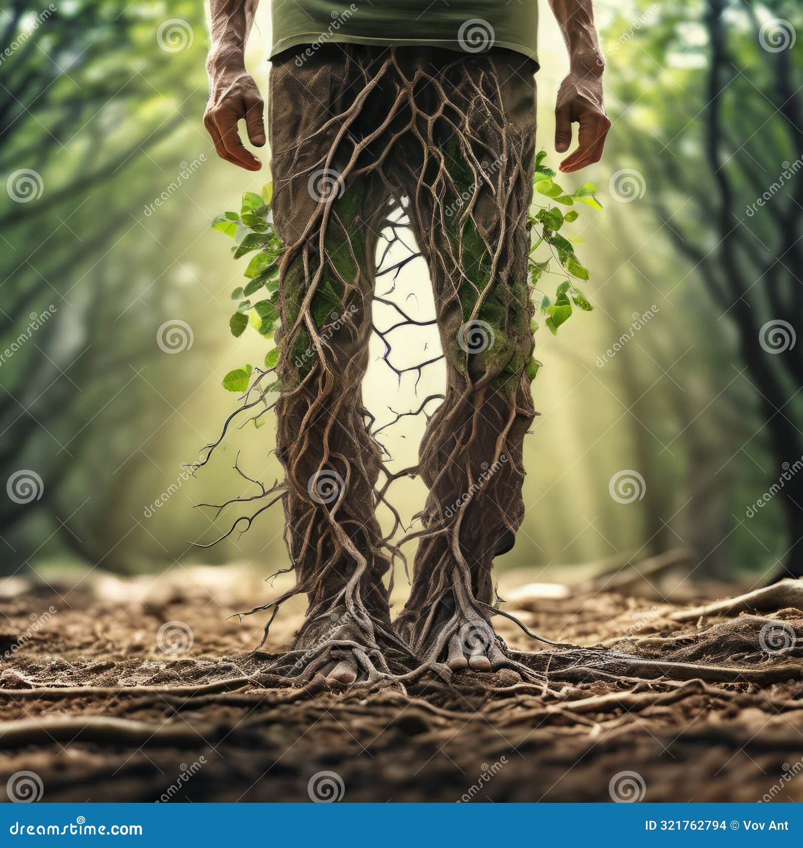 23-79-a-man-turning-into-a-tree-with-roots-growing-from-his-fet Stock ...