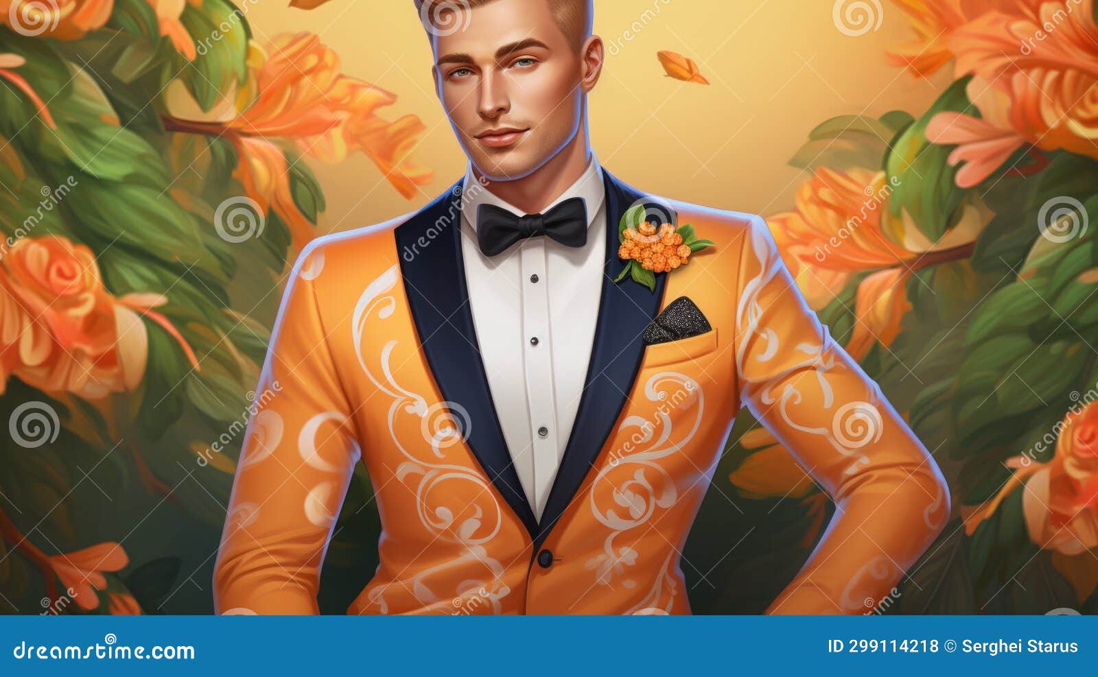 A Man In A Tuxedo Standing In Front Of Flowers Ai Stock Illustration Illustration Of Fashion
